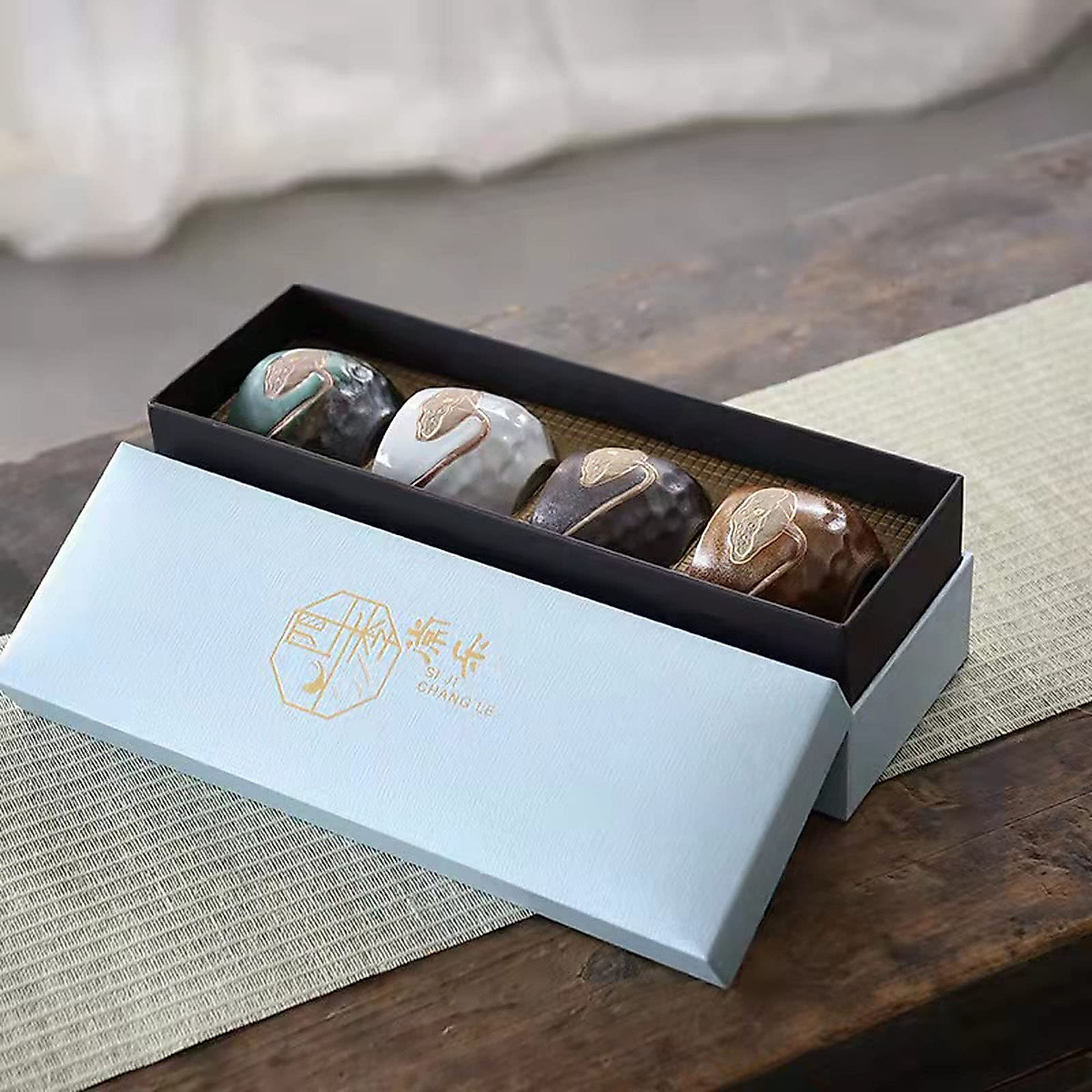 MQjzsh Chinese and Japanese teacups,Kung Fu tea cup set of four,gift box packaging，green tea cup, tea companion， rock-glazed gold painting, relief lotus pods (Four colour)