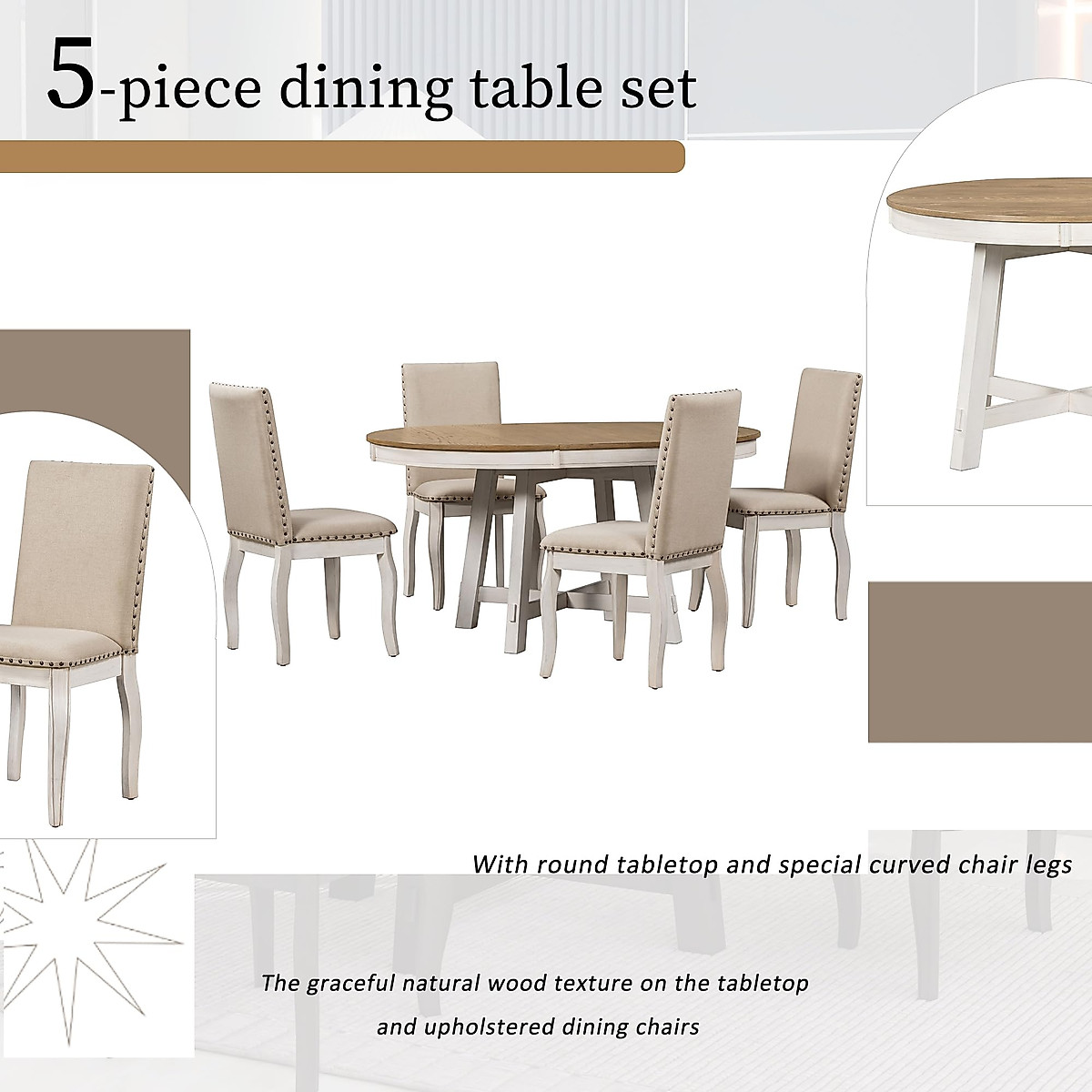 Harper & Bright Designs TREXM 5-Piece Farmhouse Dining Table Set Wood Round Extendable Dining Table and 4 Upholstered Dining Chairs (Oak Natural Wood + Antique White)