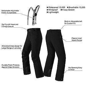 fit space Warm Ski Pants for Women Zip-Off Suspenders Winter Snow Bibs Waterproof Breathable Stretch (Large, Black)