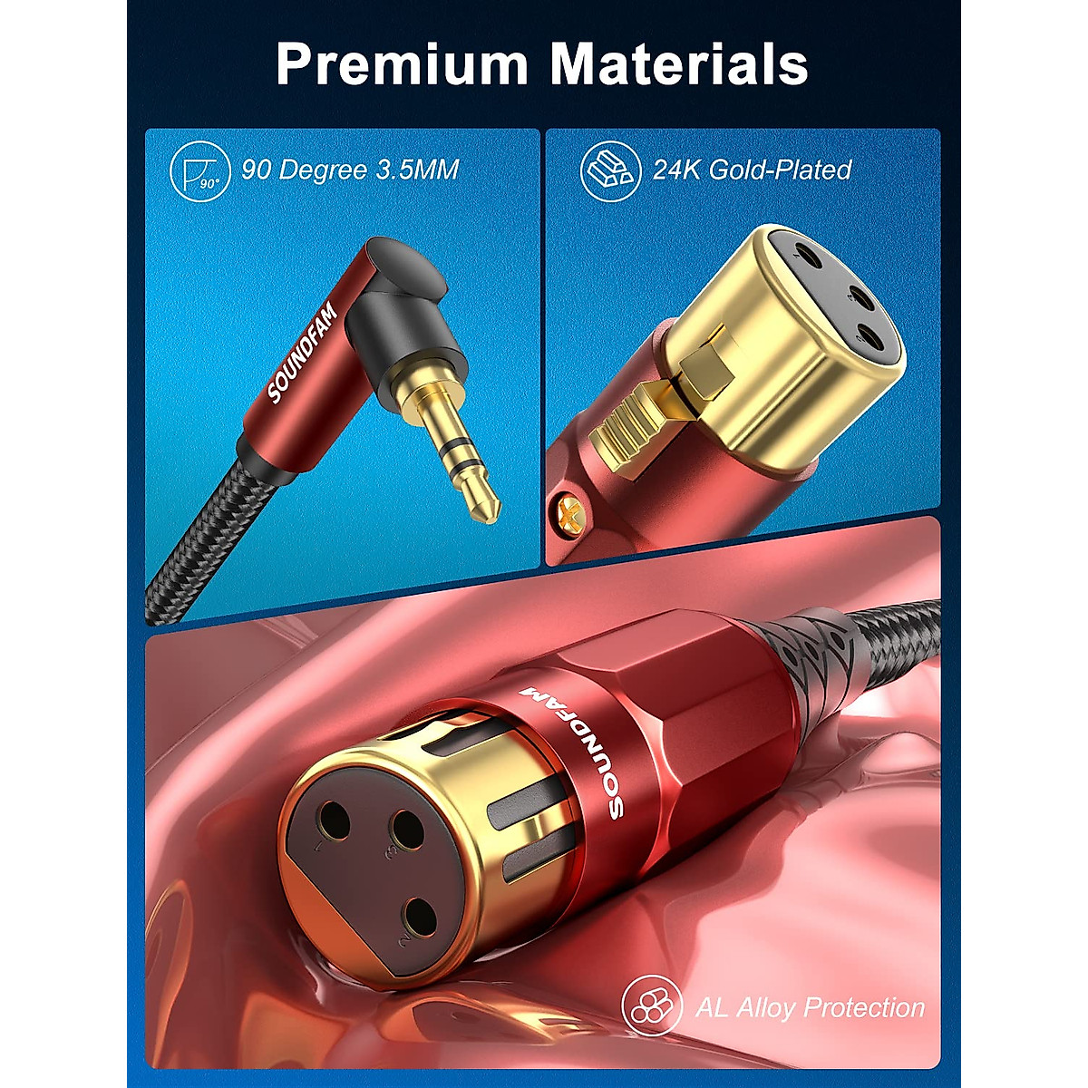 SOUNDFAM 3.5mm to XLR Premium Microphone Cable 6FT, 90 Degree Right Angle 3.5mm(TRS,1/8 Inch,Aux) Male to XLR Female Unbalanced Interconnection Cable for Microphone, Sound Card, Camcorder & More