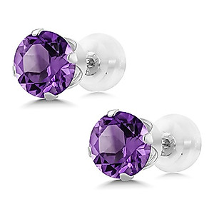 Gem Stone King 1.00 Cttw 14K White Gold Purple Amethyst Stud Earrings For Women | Gemstone Birthstone | Round 5MM