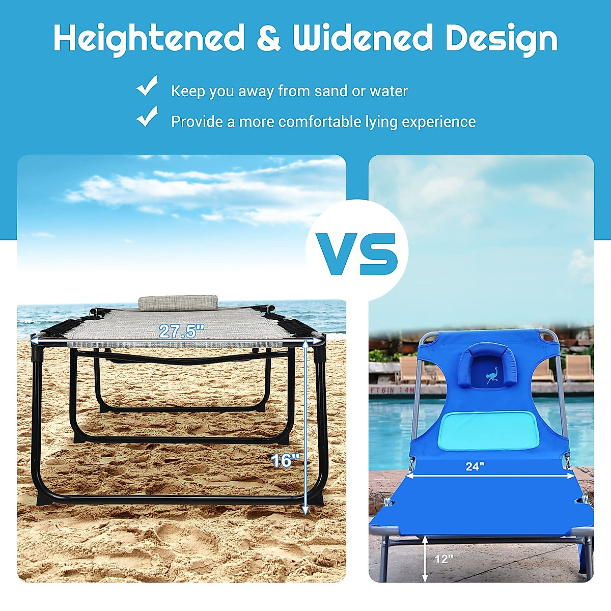 GYMAX Lounge Chair for Outside, 440lbs 27” Oversize Folding Beach Tanning Sunbath Chair with Adjustable Backrest & Removable Pillow, Lightweight Portable Patio Lounger for Lawn Poolside (2, Grey)