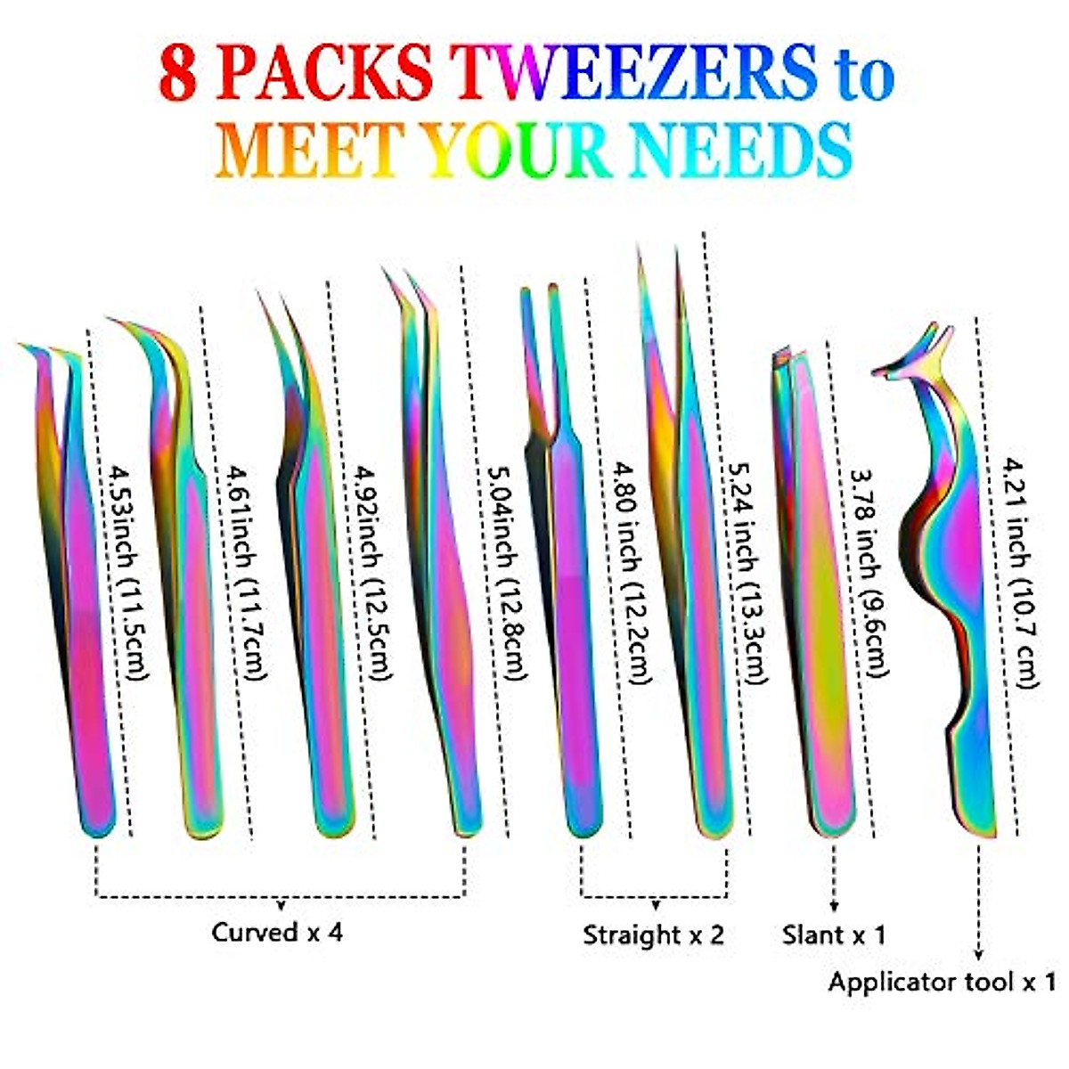 8 Pieces Eyelash Extension Tweezers Set Straight and Curved Tip False Lash Tweezers Eyelash Applicator Tool Stainless Steel Precision Tweezers for Eyelash Extension with Velvet Bag (Rainbow Color)