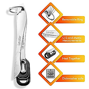 Rainspire Heavy Duty Measuring Spoons Set Stainless Steel, Metal Measuring Cups and Spoons Set for Dry or Liquid, Fits in Spice Jar, Home Gadgets Kitchen Gadgets, Set of 7 Including Leveler