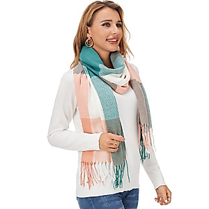 Fuinloth Women's Large Plaid Scarf Fashion Long Shawl Wrap for Winter Warm Lightweight Green Pink