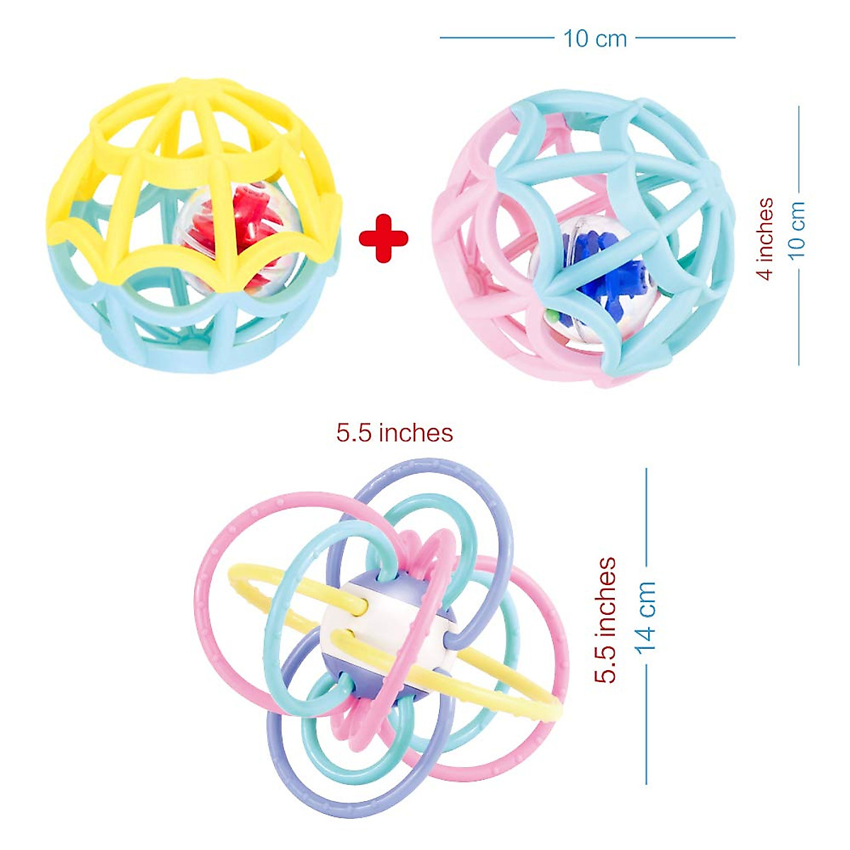 Baby Play Ball and Sensory Teether. Two Outer Plus 2 Inner Balls. Rattles and Rolls for Double The Fun. Ages 0 Month to 4 Years