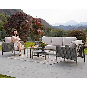 Grand patio 5-Piece Outdoor Furniture Set, Outdoor Sofa Set with 2 Round Side Tables, Modern Metal Outdoor Couch with 6-inch Thick Waterproof Cushions for Patio Porch Deck Backyard