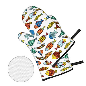 Colorful Fish Oven Mitts and Pot Holders Set of 4, Oven Mittens and Potholders Heat Resistant Gloves for Kitchen Cooking Baking Grilling BBQ