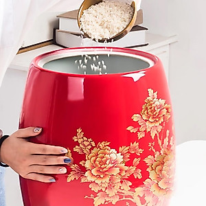 Ceramic Food Storage Jar Rice Storage Container Grain Storage Bin Ceramic Rice Bucket Rice Storage Box Sealed Rice Bin Cereal Rice Container for Kitchen(Red,15KG)