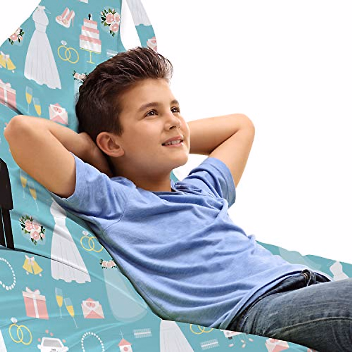 Lunarable Wedding Lounger Chair Bag, Suit Bridal Dress Veil Rings Cake and Bouquet of Flowers, High Capacity Storage with Handle Container, Lounger Size, Pale Pink Pale Blue