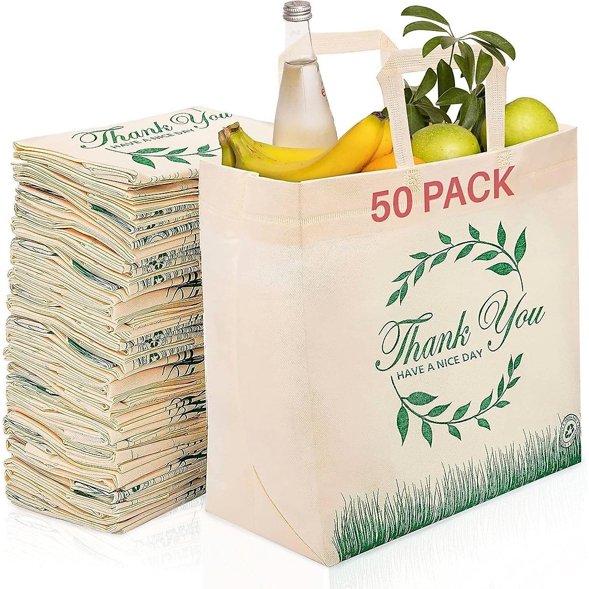 50 Pack Reusable Thank You-Have a Nice Day Eco-Friendly Large Grocery Shopping Bags 14.5"x14"x6.6" Durable, Recyclable Shopping Bags for Customers Washable, Foldable, Portable Tote Bags Bulk