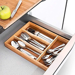 Bamboo Utensil Silverware Organizer - 4 Compartments - Bamboo Hardware Jewelry Drawer Holder Kitchen Knives Tray Organizer