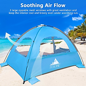 NXONE Beach Tent Sun Shade Shelter for 2-3 Person with UV Protection, Extended Floor, 3 Mesh Roll Up Windows & 8.0mm Fiberglass Rods丨Carry Bag Included (Ocean Blue)