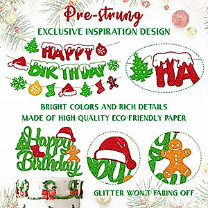 Christmas Birthday Decoration Happy Birthday Banner Christmas Cake Topper Red Green Hanging Swirls Balloons for Merry Christmas Tree Winter Snow Happy New Year Theme Party Supplies