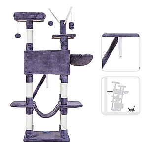 Hey-brother Cat Tree, 61 inch Cat Tower for Indoor Cats, Cat House with Padded Platform Bed, Toy Balls, Large Cozy Condo, Hammocks and Sisal Scratching Posts, Smoky Gray MPJ019G
