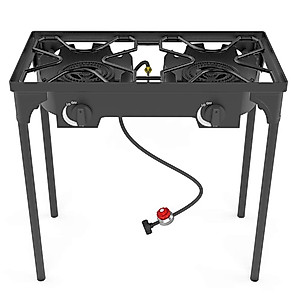 Outdoor & Indoor Portable Propane Stove, Single & Double Burners with Gas Premium Hose, Detachable Legs for Backyard Kitchen, Camping Grill, Hiking Cooking, Outdoor Recreation (DB02-Large,2 Burners)