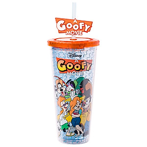 Silver Buffalo Disney A Goofy Movie Featuring Goofy, Max Goof, Roxanne and Bobby Zimuruski Plastic Cold Cup with Lid and Straw Topper, 24 Ounces