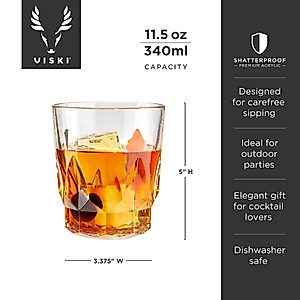 Viski Shatterproof DOF Drinking Glasses - Acrylic Rocks Glasses for Whiskey, Scotch, Bourbon - Dishwasher Safe 11.5oz Set of 4