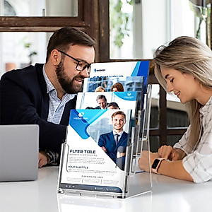 MaxGear Acrylic Brochure Holder 8.5 x 11 inch, Clear Literature Organizer Magazine Stand with Removable Divider for 4 x 9 inch Brochures, 4 Tier Pamphlet Display for Wall Mount or Countertop