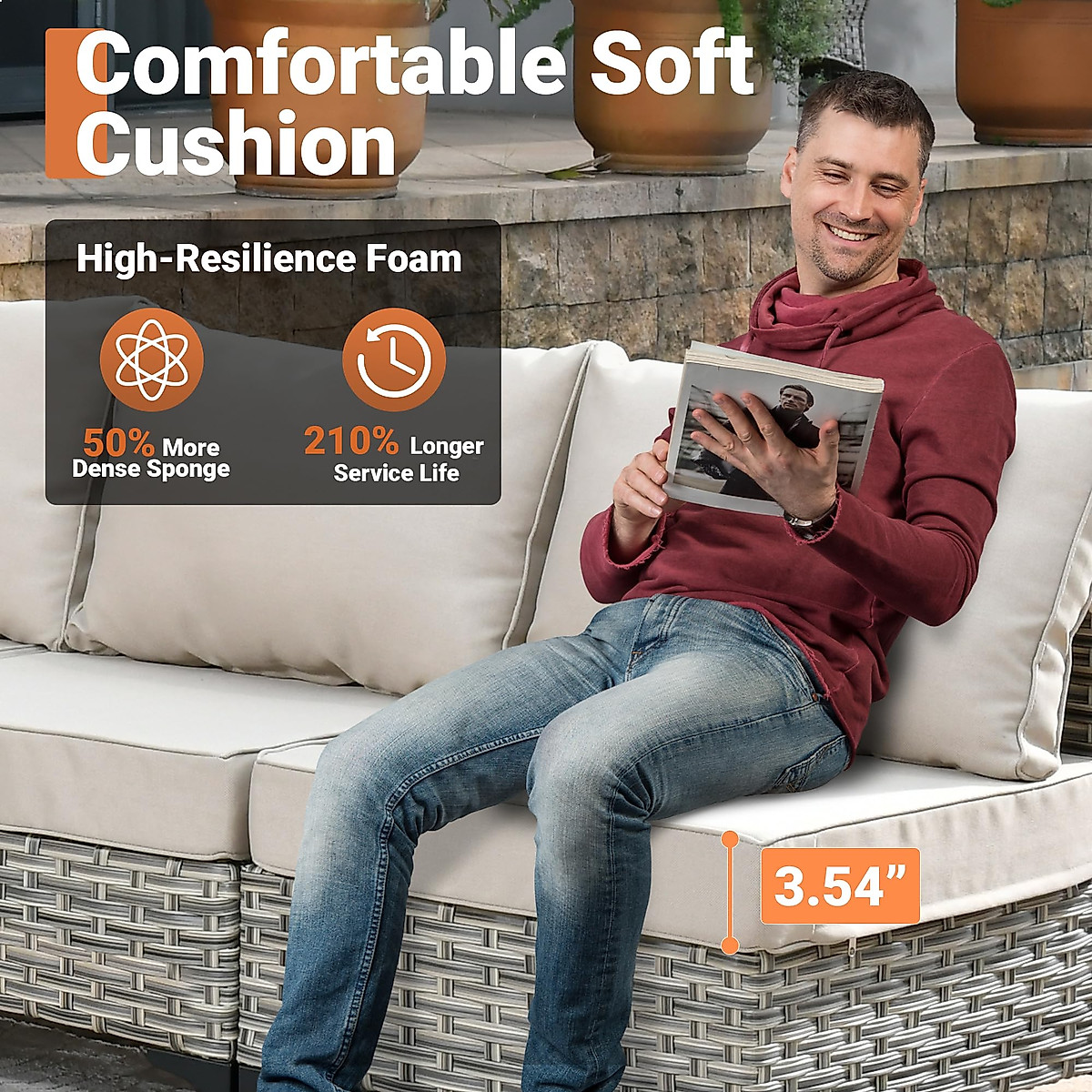 ovios 7 Piece Outdoor Patio Furniture with Glowing Coffee Table, Rattan Wicker Coversation Set with Sofa, Sectional Single Chairs for Outside Porch Balcony Backyard Pool,Beige