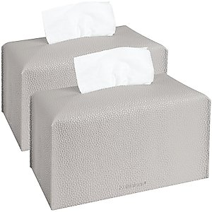 2Pcs Tissue Box Cover Holder, Rectangular with Bottom Belt - PU Leather Tissue Cover Decorative Organizer for Tabletop, Bathroom, Car, Office,9.5X5X5 Inch - Light Gray