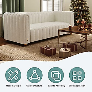 RUNOLIG Velvet Couch, Upholstered Chesterfield Sofa with Unique Level Arms and Golden Ball Legs, Comfy Couch with Vertical Stripe Style and Wooden Frame, Couches for Living Room, Apartment (White)