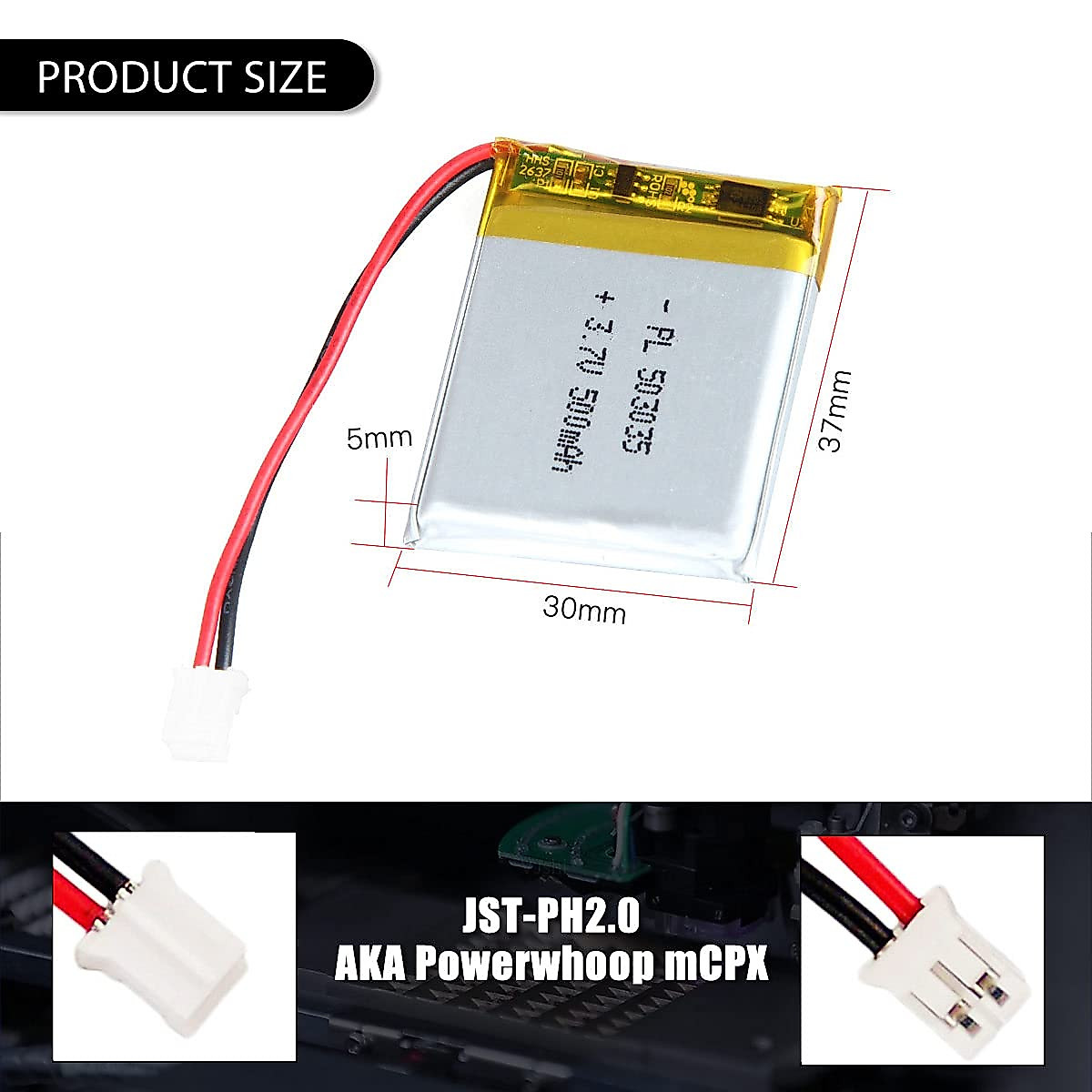 AKZYTUE 3.7V 500mAh 503035 Lipo Battery Rechargeable Lithium Polymer ion Battery Pack with PH 2.0mm JST Connector