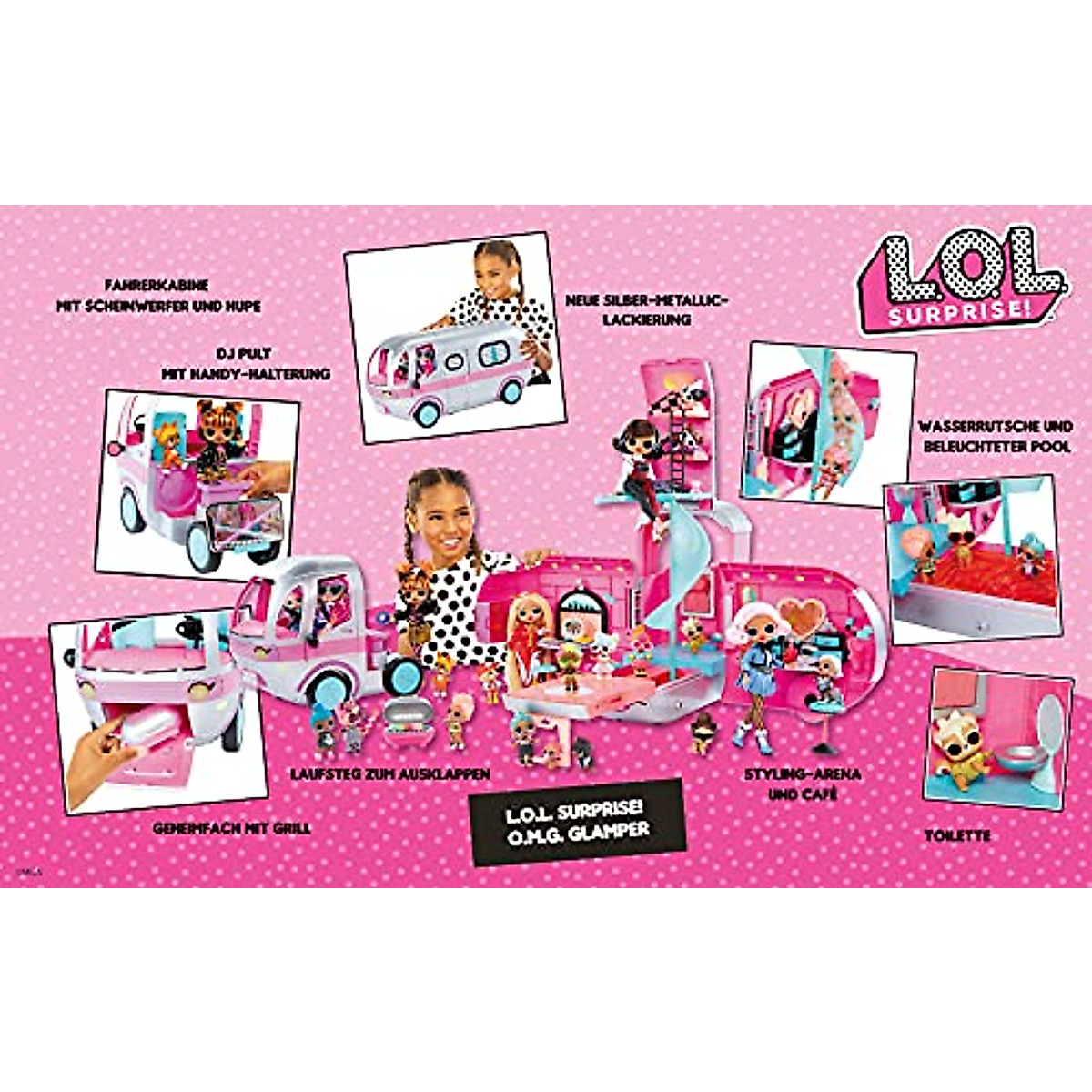 LOL Surprise OMG Glamper Fashion Camper Doll Playset with 55+ Surprises, Fully-Furnished with Light Up Pool, Water Slide, Bunk Beds, Cafe, BBQ Grill, DJ Booth - Gift Toy for Girls Ages 4 5 6 7+ Years