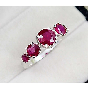 7 MM Round Cut Natural Red Ruby Gemstone 925 Sterling Silver July Birthstone Three Stone Proposal Ring For Girlfriend Gift (Rose Gold Rhodium Plated Silver, 9)