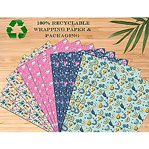 ZINTBIAL Birthday Wrapping Paper for Boys Girls Kids Baby Shower - Gift Wrapping Paper with Rainbow Dinosaur, Pink Unicorn, Blue Mermaid, Monster - 20 x 29 Inches per Sheet (8 Folded Sheets), Recyclable, Easy to Store, Not Rolled