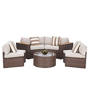 SUNCROWN Outdoor Round Sofa 5-Piece Patio Half-Moon Sectional Sets All Weather Wicker Conversation Furniture with Round Table and Thick Cushion (Light Brown)