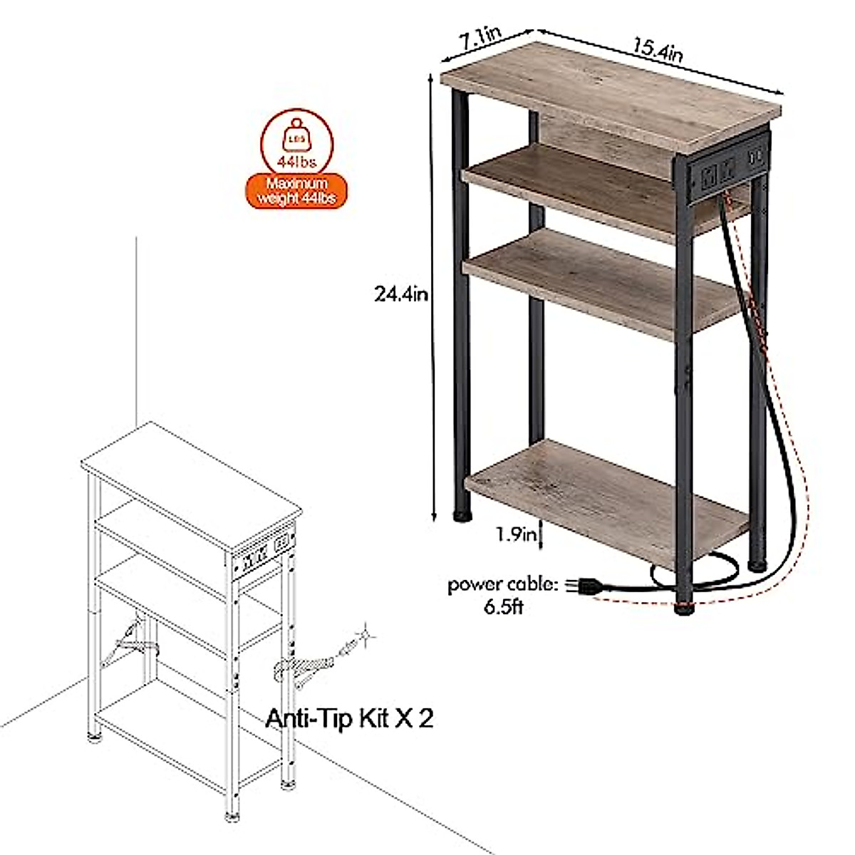 AMHANCIBLE Narrow Side Table with Charging Station, Slim End Table Set of 2, 4 Tier Sofa Table with Storage Shelf, for Small Spaces, USB Ports & Power Outlets, Metal Frame HETN04GY