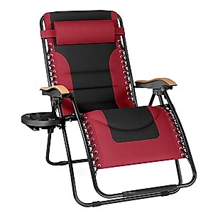PHI VILLA XXL Oversized Padded Zero Gravity Chair, Foldable Patio Recliner, 30" Wide Seat Anti Gravity Lounger with Cup Holder, Support 400 LBS (Red)