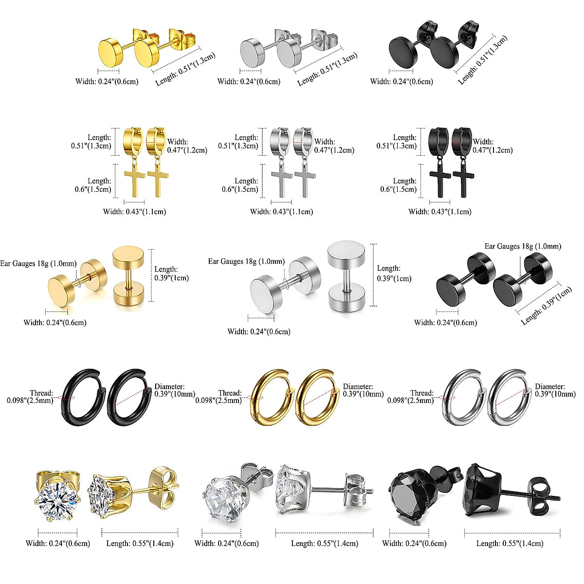 OIDEA 15 Pairs Earrings for Men: Stainless Steel Earrings Stud Kit for Men Women Fashion Piercing Jewelry Cross Dangle Hoop Earrings Set Gifts