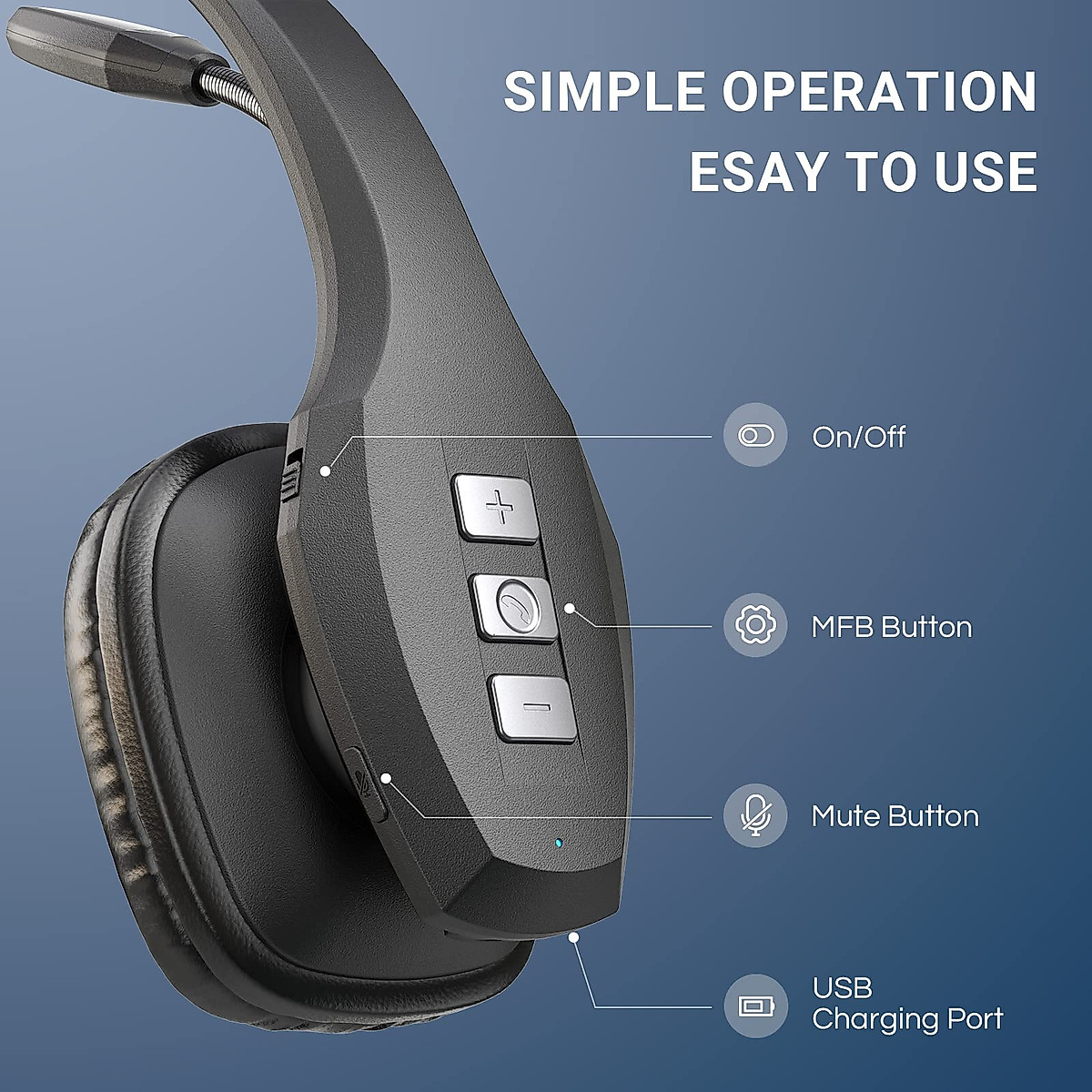 Trueque Bluetooth Headset, Trucker Wireless Headset with Microphone AI Noise Canceling & Mute Button, 60 Hrs Work Time On-Ear Headphones with USB Dongle for Call Center, Remote Work, Trucker, Zoom