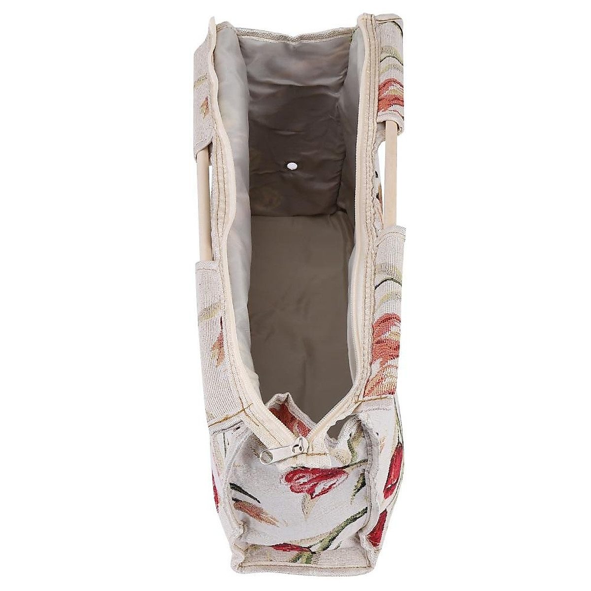 Knitting Tote Bag,Exquisite Practical Wood Handle Woven Fabric Storage Bag for Knitting Needles Sewing Tools(Red Flower)