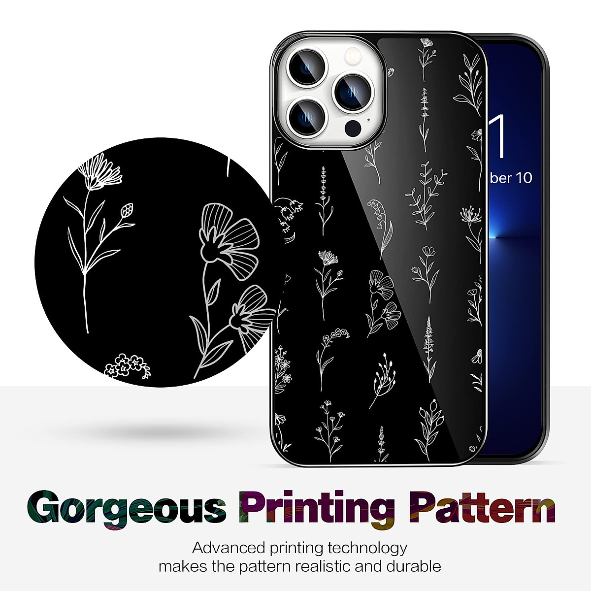 GULTMEE [3 in 1 Designed for iPhone 13 Pro Max Case Black Wildflowers Print Tire Texture Non-Slip Shockproof Protective Case Tempered Glass Screen Protector + Camera Lens Protector, 6.7 inch 2021