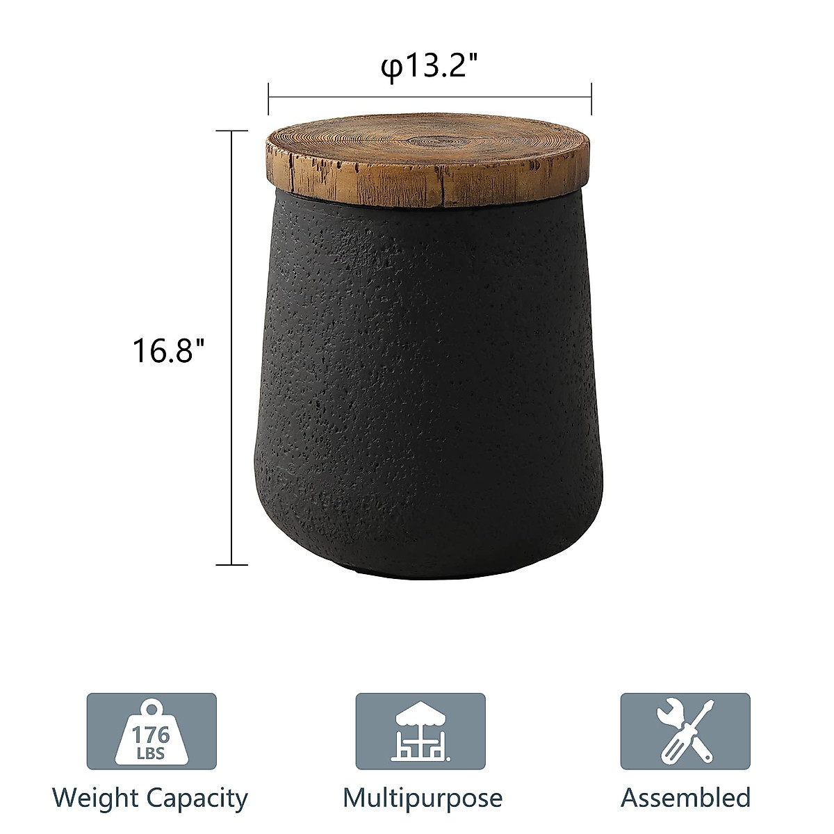 COSIEST 2 Pieces Outdoor Side Table, Set of 2 Drum End Table, Cylinder Shaped Concrete Side Table Faux-Wood Top, Black Outdoor Accent Table with Tree Trunk Slice Hand Painted, Accent Stool