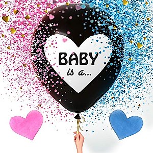Sweet Baby Co. Jumbo 36 Inch Baby Gender Reveal Balloon | Big Black Balloons with Pink and Blue Heart Shape Confetti Packs for Boy or Girl | Baby Shower Gender Reveal Party Supplies Decoration Kit
