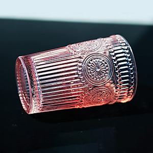 Joeyan Pink Drinking Glass Cups,Flower Embossed Romantic Water Tumblers,Vintage Highball Glassware for Juice Beverage Wine Cocktail,Great for Wedding Party Home Daily Use,11.5 oz,Set of 4