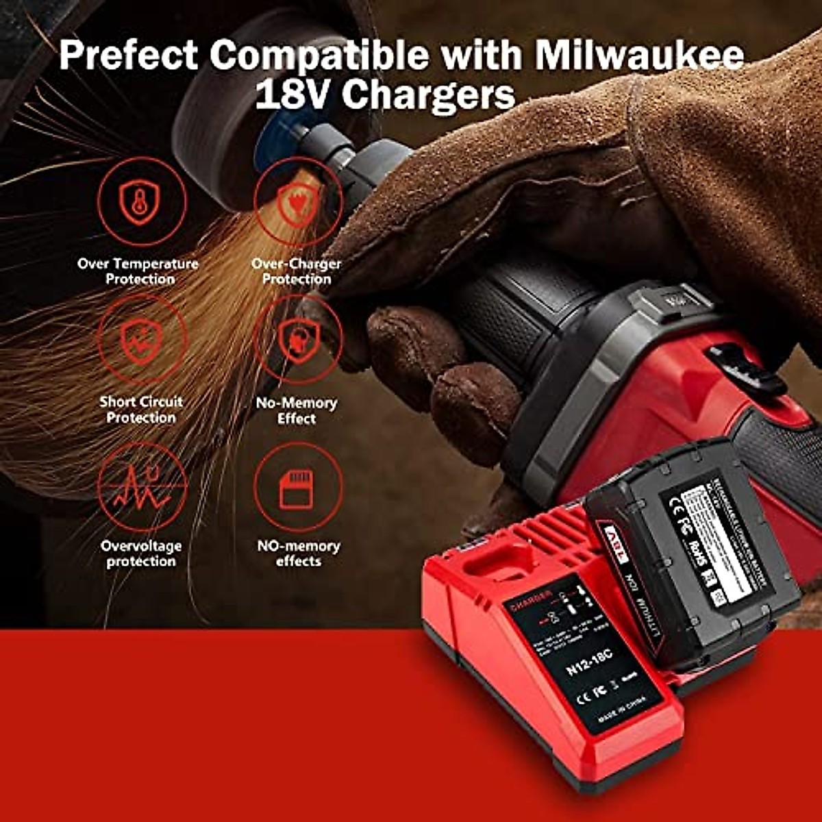 2 Packs 18V 6500mAh Replacement Battery and Charger Replacement for Milwaukee 18-Volt Li-ion Battery and M-18 Battery Charger