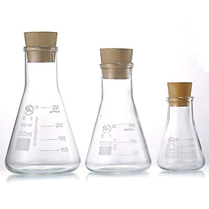 Young4us Glass Erlenmeyer Flask Set, (250 ml, 150 ml & 50 ml) Graduated Borosilicate Glass Erlenmeyer Flasks with Rubber Stoppers & Accurate Scales for Lab, Experiment, Chemistry, Science Studies etc