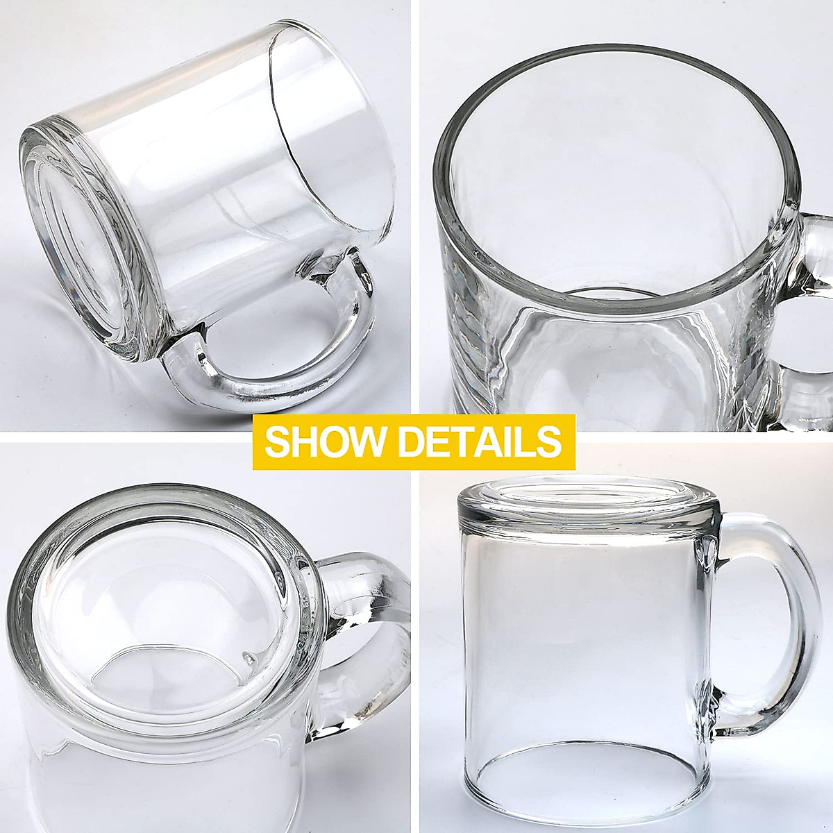 Maredash Glass Coffee Mugs Set of 6,Large Wide Mouth Mocha Hot Beverage Mugs (10oz),Clear Espresso Cups with Handle,Lead-Free,Perfect for Latte,Cappuccino,Hot Chocolate,Tea and Juice