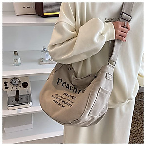 Vintage Grunge Tote Bag with Zipper Hobo Bags for Women Canvas Crossbody Tote Y2k Aesthetic Hippie Bag Fairycore Clothes (Beige)