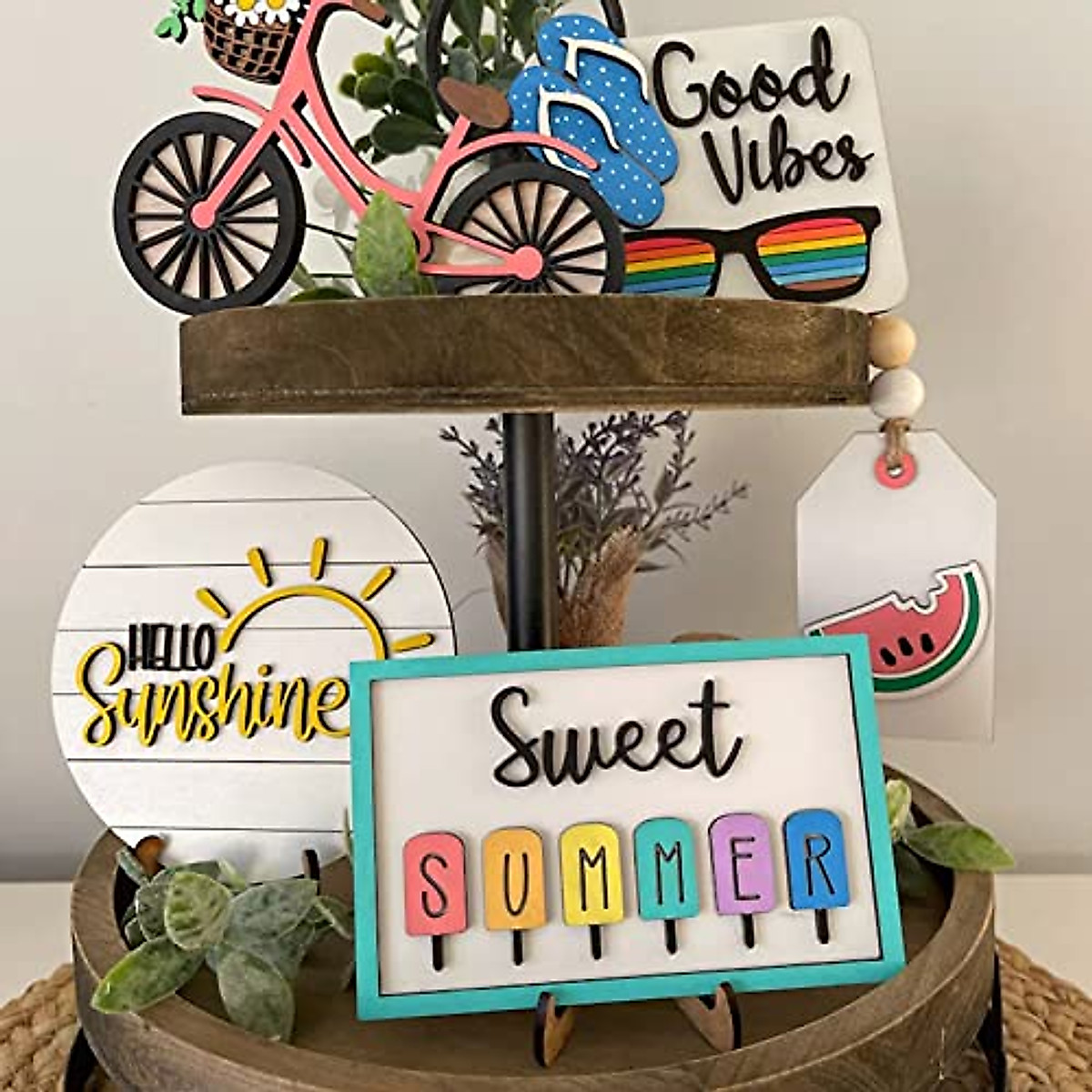 Summer Tier Tray Decor Summer Decor Summer Time Hello Summer Hierarchical Tray Decorative Set Summer Wooden Decorative Wooden Kitchen Hierarchical Kitchen Pictures (Blue #7, One Size)