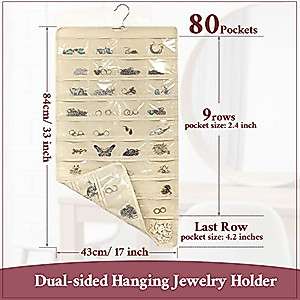 4 Pcs Hanging Jewelry Organizer with 80 Pockets Earring Storage Organizer Dual Sided Earring Holder Organizer Necklace Hanger Closet for Bracelet, Necklace, Ring, Knitting Tool, Accessories, Beige