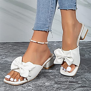 Womens Soft Casual Summer Dress Shoes House Slippers Slip On Slide Sandals Bow-Knot Open Square Toe Flat Slippers (White, 8)