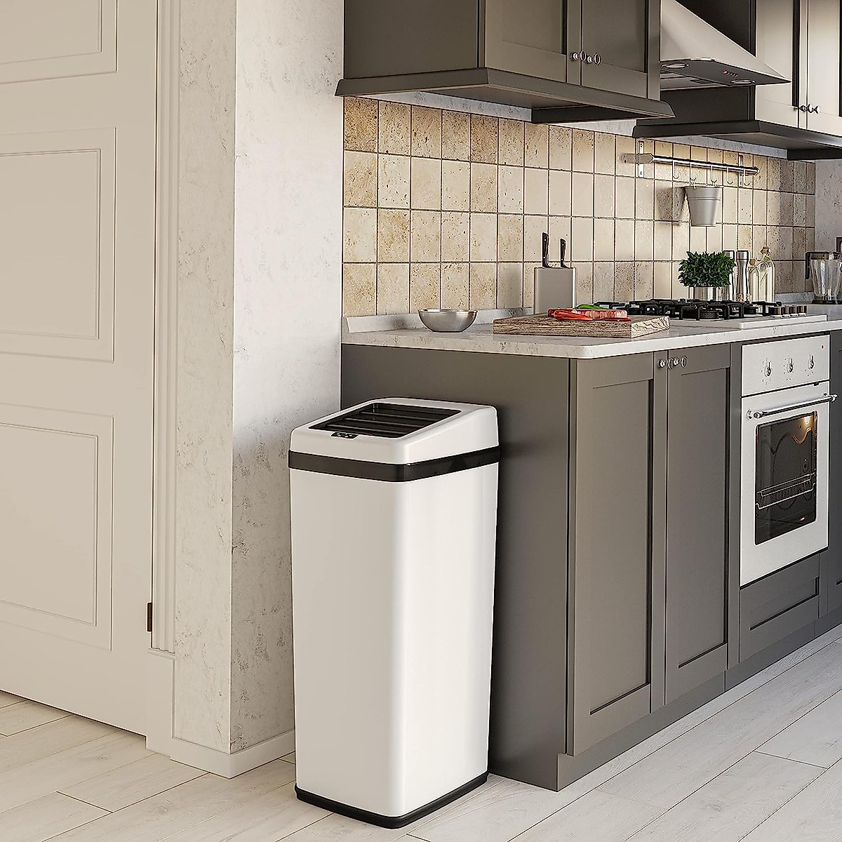 iTouchless 14 Gallon Sliding Lid Automatic Sensor Trash Can with Odor Filter System, 52 Liter White Steel Touchless Kitchen Garbage Bin