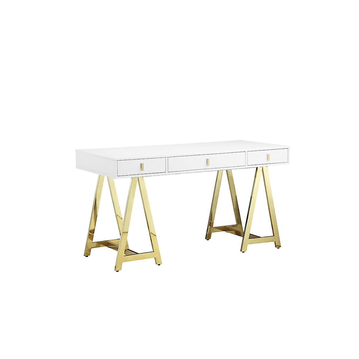 Benjara ILE 55 Inch Desk with 3 Storage Drawers, Wood Veneer, Metal, White and Gold