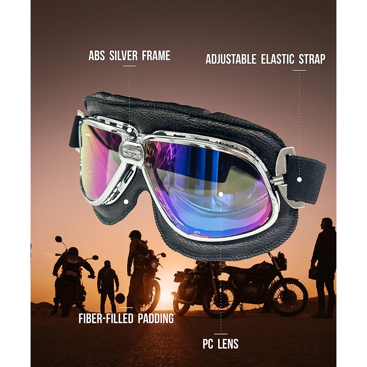 CRG Sports Motorcycle Goggle Aviator Pilot Style Cruiser Scooter Motocross Goggles for Men, Women, Adults